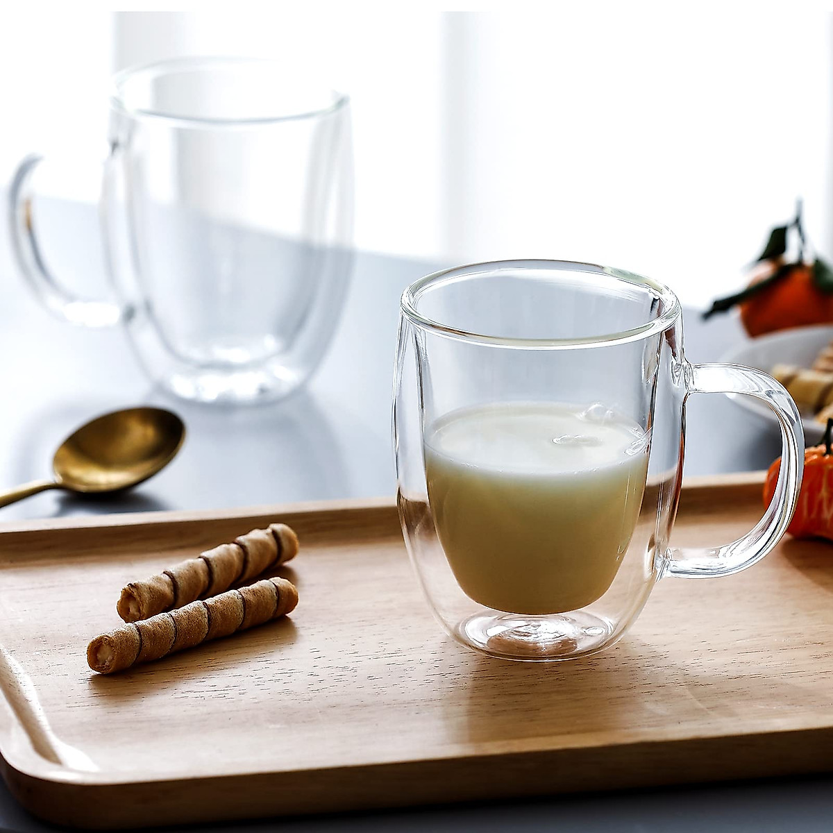 G Double Wall Coffee Mug Set of 4 With Handle, 12.4 oz Insulated Glassware Espresso Cups For Iced/Hot Tea Latte Beverages Large Cappuccino Borosilicate Drinking Glasses Tea Cup