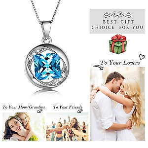 Aurora Tears March Birthstone Pendant Necklace Women 925 Sterling Silver Round Birthstones Created Aquamarine Blue Crystal Mar. Birth Stone Jewelry Birthday Gift DP0029M