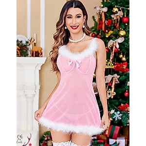 Avidlove Christmas Babydoll Dress Lingerie for Women See-Through Nightwear with Fur XL Pink