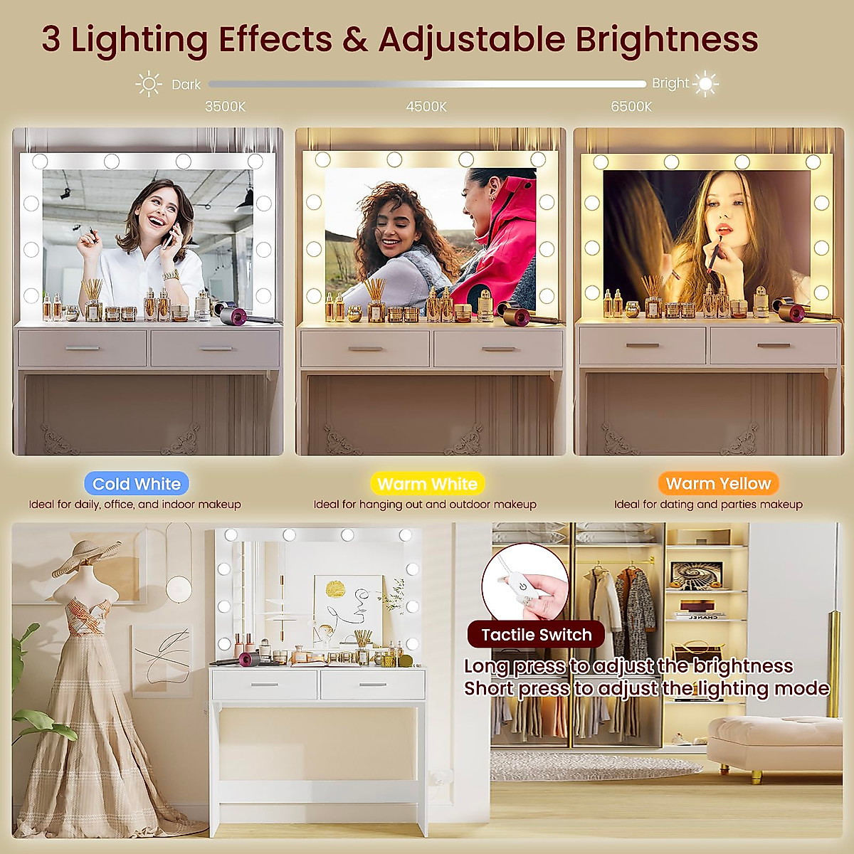 FIONESO Vanity Desk with Large Mirror, Makeup Vanity Table with Power Strip, 10 Lights & 2 Drawers, Dressing Table Set with 3 Lighting Color Adjustable for Women and Girls, Bedroom, White