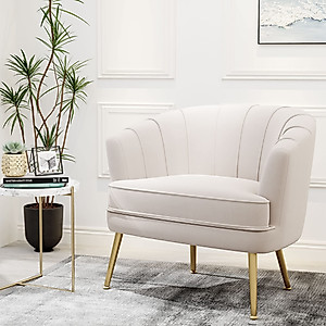 Andeworld Velvet Accent Chair, Upholstered Modern Single Sofa Side Chair,Comfy Barrel Club Living Room Armchair with Golden Metal Legs for Bedroom Living Reading Room Office, Beige
