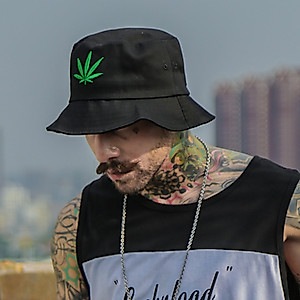 Bucket Hat Cap Marijuana Weed Leaf Cannabis - Foldable Snapback Men Women (Black)