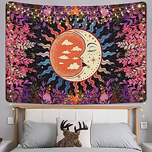 Uspring Moon Garden Tapestry Plants Flowers Tapestries Moon and Stars Tapestry Mandala Wall Tapestry Mystical Colorful Tapestry Wall Hanging for Room (36 × 48 inches)