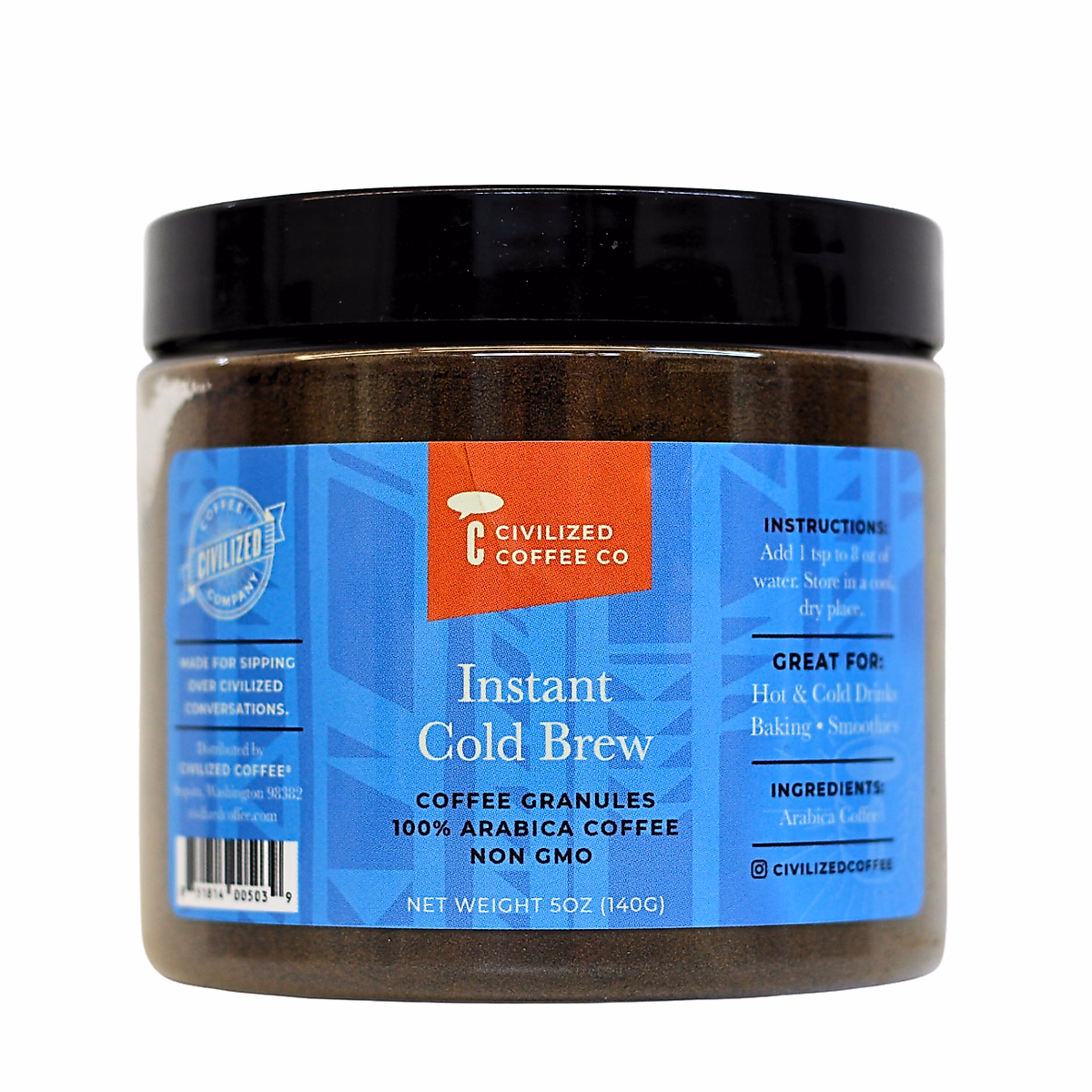 Civilized Coffee Instant Cold Brew Coffee Granules Medium Dark Roast Non-GMO Jar (5 oz)