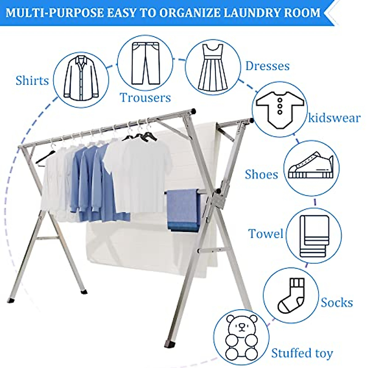 HJWTCQL 95IN Extra Large Clothes Drying Rack Folding Indoor,Drying Rack Clothing, Laundry Hanger Drying Racks,Stainless Steel Clothes Drying Racks Folding Indoor,Foldable Laundry Clothing Drying Rack