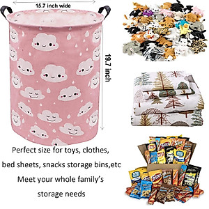 Extra Large Toy Bin Pink Cloud Canvas Fabric Toys Storage Basket, ZUEXT Girls Laundry Hamper, Waterproof Gift Basket with Handles for Baby Nursery College Dorms Kids Bedroom Bathroom