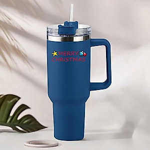 LB LEOBON 40 ounce insulated cup with handle, double-layer vacuum stainless steel material, equipped with straw, can keep warm or maintain cold drinks Merry Christmas Stars Balls Cowboy Blue