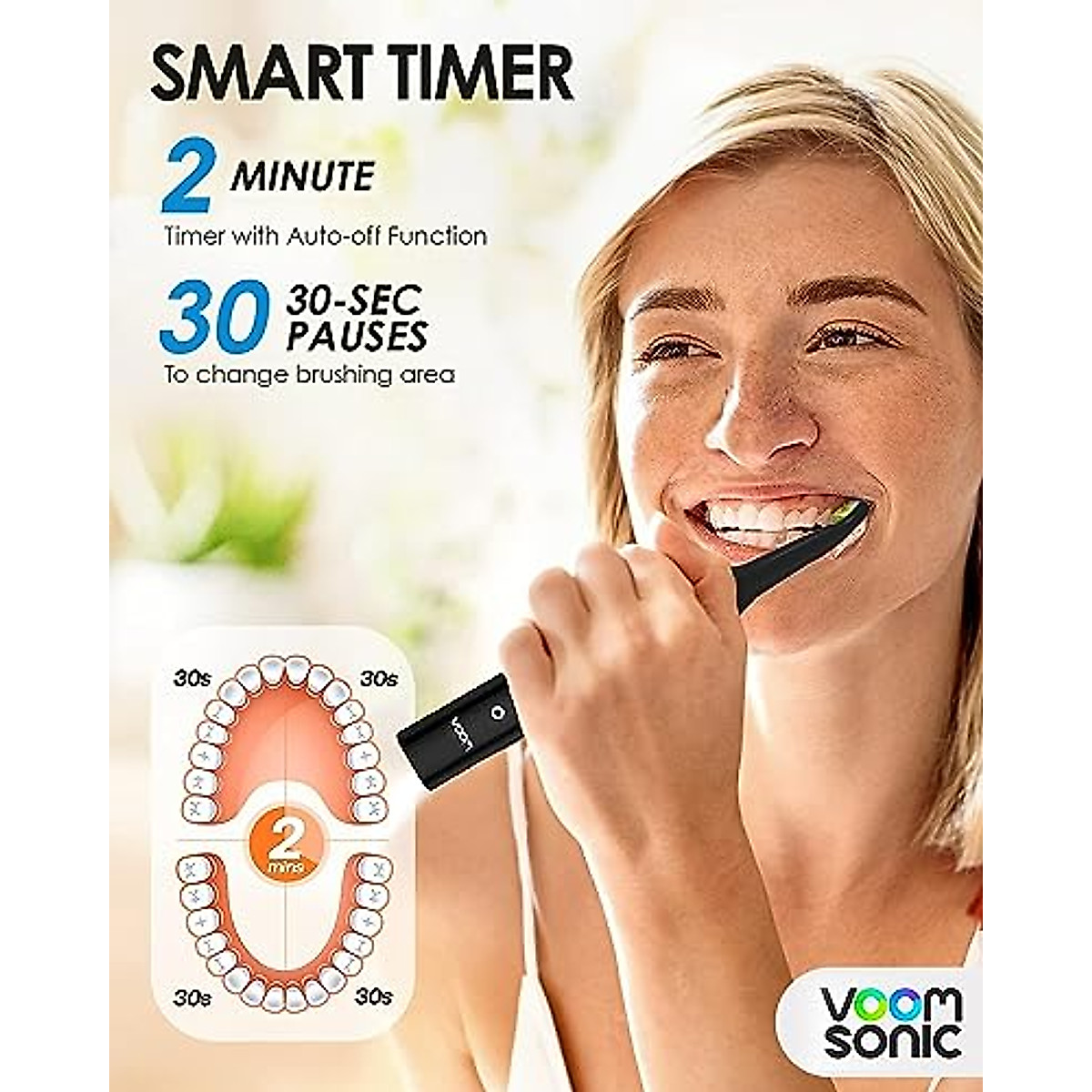 Voom Sonic Pro 7 Series Rechargeable Electronic Toothbrush, Advanced Oral Care Technology, 2-Minute Timer w/Quadrant Pacing, 5 Adjustable Speeds, Magnetic Levitation, 100% Waterproof, Black (VM-20946)