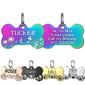 Dog Tags Engraved for Pets, YEHANTI Stainless Steel Pet ID Tags with Sunflower Designs, Dog Name Tags Personalized Both Sides Engraving, Custom Pet Tags for Dogs and Cats (Bone - Sunflower)