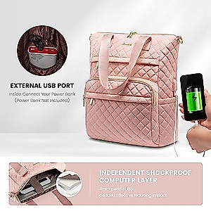 LOVEVOOK Laptop Backpack for Women 15.6 inch,Diamond Quilted Convertible Backpack Tote Laptop Computer Work Bag,Cute Womens Travel Backpack Purse College Teacher Carry on Back pack with USB Port,Pink