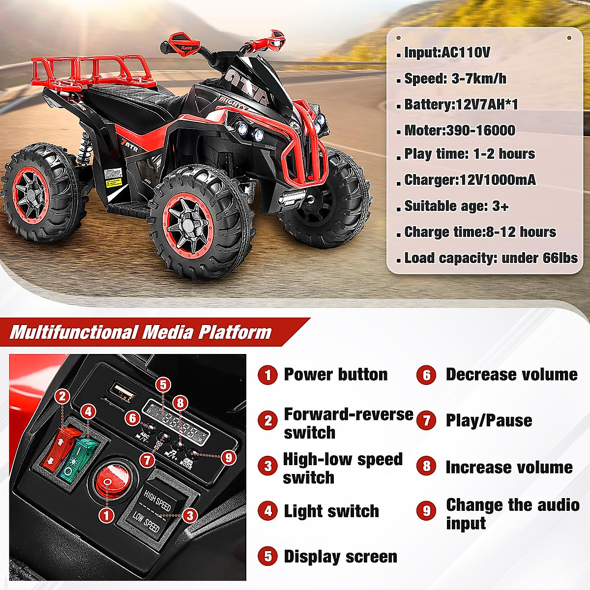 Soar Four Wheeler for Kids - Electirc Toddler 4 Wheeler for Kids 3-6, Ride on ATV 12v Battery Powered, Kids Quad with LED Lights, Music, High Low Speed, USB/TF, Treaded Tires, Red