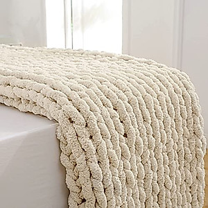 YAAPSU Chunky Knit Blanket Throw 51x63, Chenille Throw Blankets, Chunky Knitted Throw Blanket for Couch & Bed, Soft Large Knit Throw Blankets Chunky Yarn, Big Thick Cable Knit Crochet Blankets (Beige)