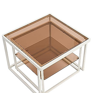 VKKILPEE Modern Nesting Coffee Table Set with High-Low Combination Design, Brown Tempered Glass Square Cocktail Table, White Metal Frame, Length Adjustable 2-Tier Center End Table for Living Room