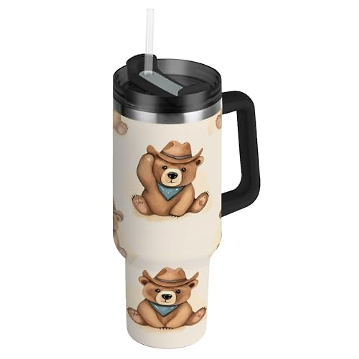 Flradish 40oz Tumbler with Handle, Funny Cowboy Bear Stainless Steel Tumbler with Lid and Straws Double Wall Vacuum Insulated Leakproof Coffee Travel Mug
