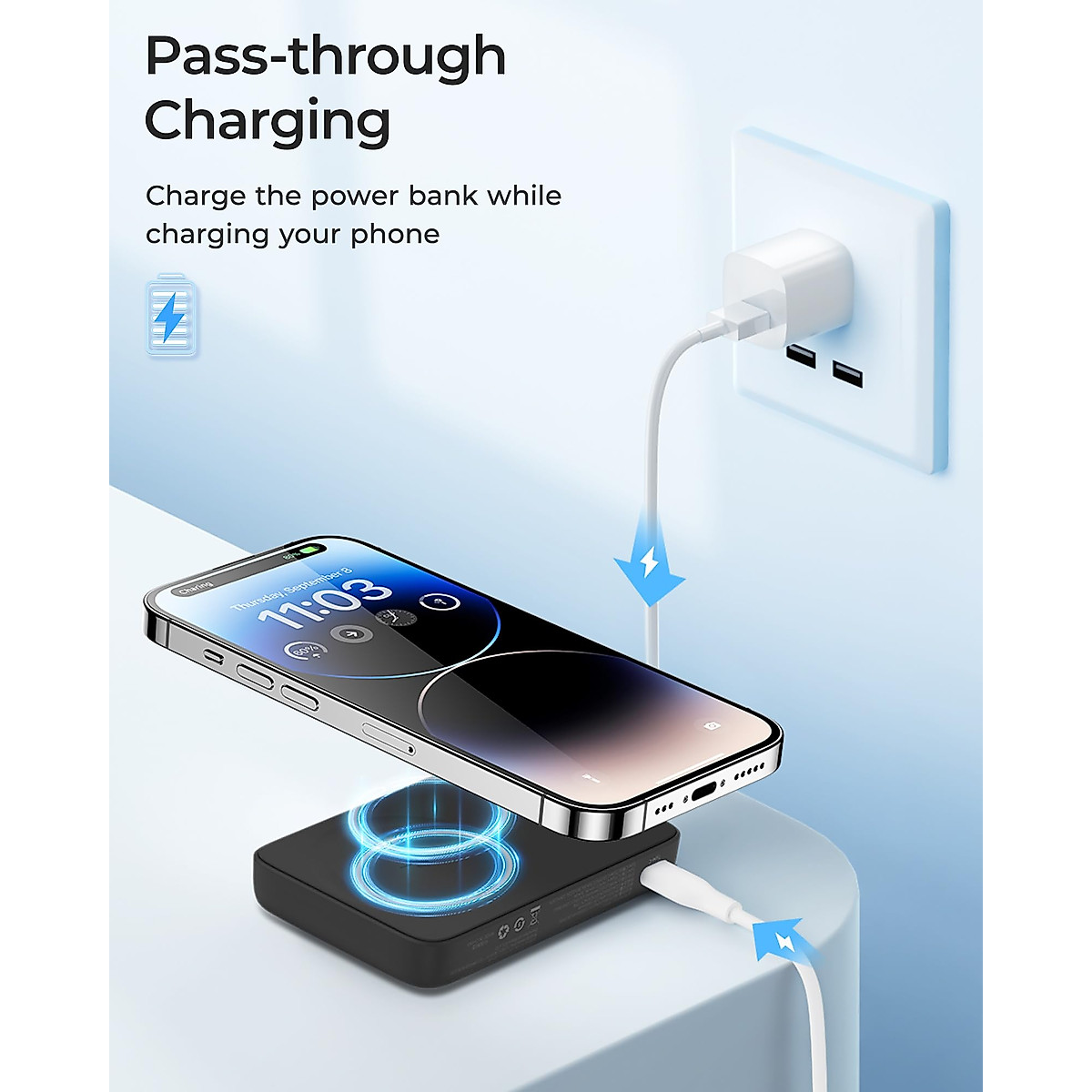 BENKS Magnetic Power Bank, Upgraded 10000mAh Wireless Portable Charger, for MagSafe Battery Pack with Two-Way 20W USB-C Ports, for iPhone 15/14/13/12 Series, Black