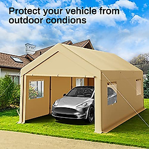 Cityflee Carport, 10'x 20' Heavy Duty Carport Canopy with Roll-up Ventilated Windows, Portable Garage with Removable Sidewalls & Doors for Car Truck Boat, Waterproof Car Shelter, Khaki