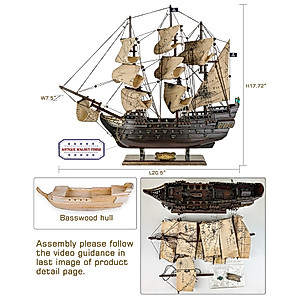 SAILINGSTORY Wooden Pirate Ship Model Black Pearl Model Ship Sailboat Decor Sea Chart Sails 20.5"