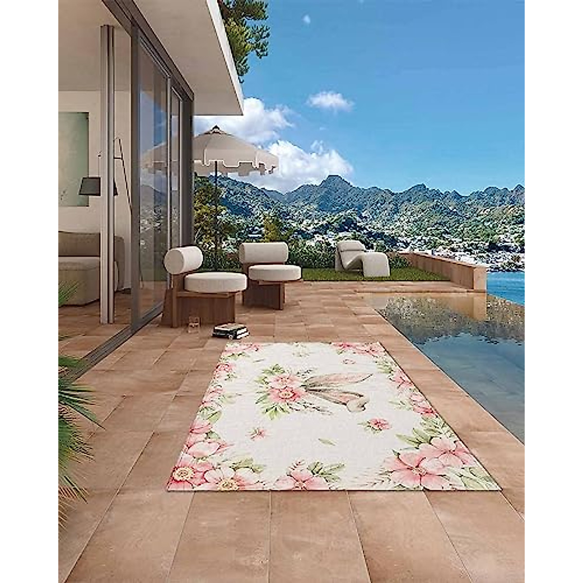Easter Outdoor Rug for Patio/Deck/Porch, Non-Slip Area Rug 5x8 Ft, Bunny Ears Pink Spring Floral Botanical Rustic Burlap Indoor Outdoor Rugs Washable Area Rugs, Reversible Camping Rug Carpet Runner
