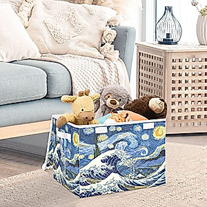 xigua Van Gogh Wave Stars Storage Bins with Lids and Carrying Handle,Foldable Storage Boxes Organizer Containers Baskets Cube with Cover for Home Bedroom Closet Office Nursery