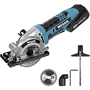 WESCO 3-3/8 Inch Cordless Mini Circular Saw, 20V Circular Saw, Maximum Cutting Depth 1-1/8 inch, with 2.0Ah Battery and Quick Charger Parallel Guide and Hex Wrench, 1 x 24T TCT Saw Blade for Wood