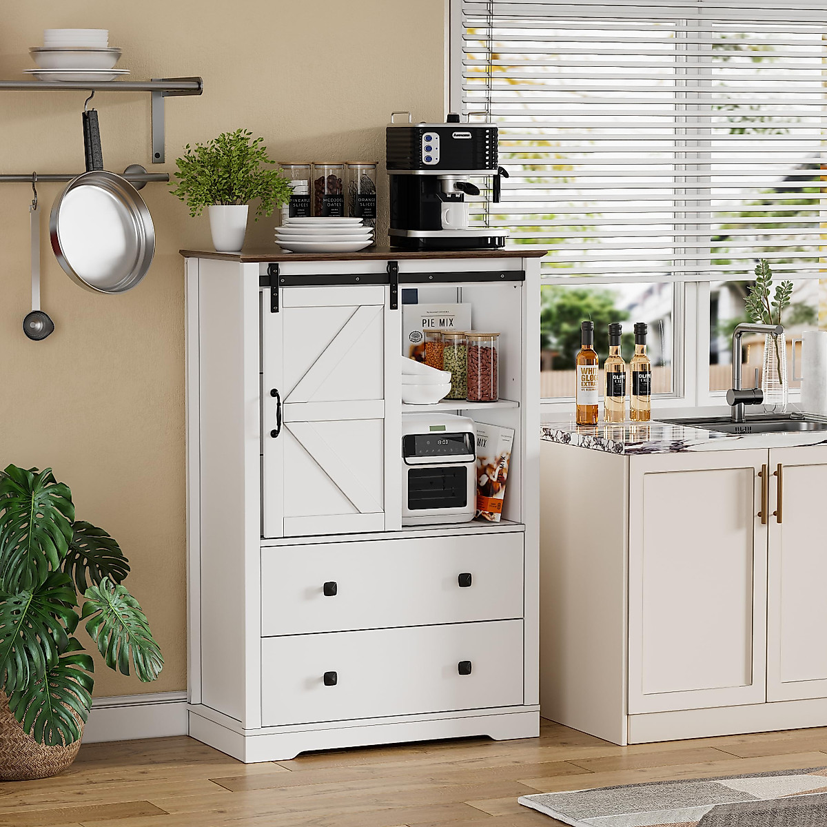 PAKASEPT 5 Drawers Dresser, Farmhouse Modern Tall Dresser 5 Chest of Drawers, Sliding Barn Doors Dresser Chests for Bedroom, Hallway, Living Room, Kids Room