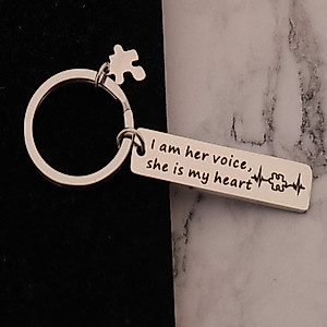 QIIER Autism Awareness Keychain I Am His Voice He Is My Heart Keychain with Puzzle Piece Charm Autism Mom Gift (her voice)
