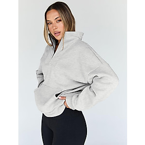 Trendy Queen Sweatshirts Quarter Half Zip Pullover Oversized Hoodies Sweaters Comfy Fall Outfits 2025 Y2K Winter Clothes Grey L