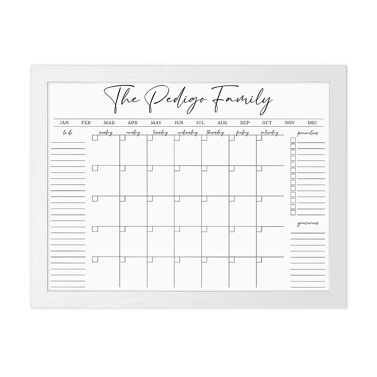 Personalized Dry Erase Wall Calendar with Custom To do list and Notes Organization Sections | Large Whiteboard Calendar (24" W x 18" H, White-Washed Frame)