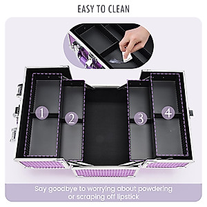 Frenessa Makeup Train Case Cosmetic Box Organizer Storage Portable 4 Trays Jewelry Storage Organizer with Lockable Dividers for Makeup Artist, Crafter, Makeup Tools Traveling Makeup Case Purple