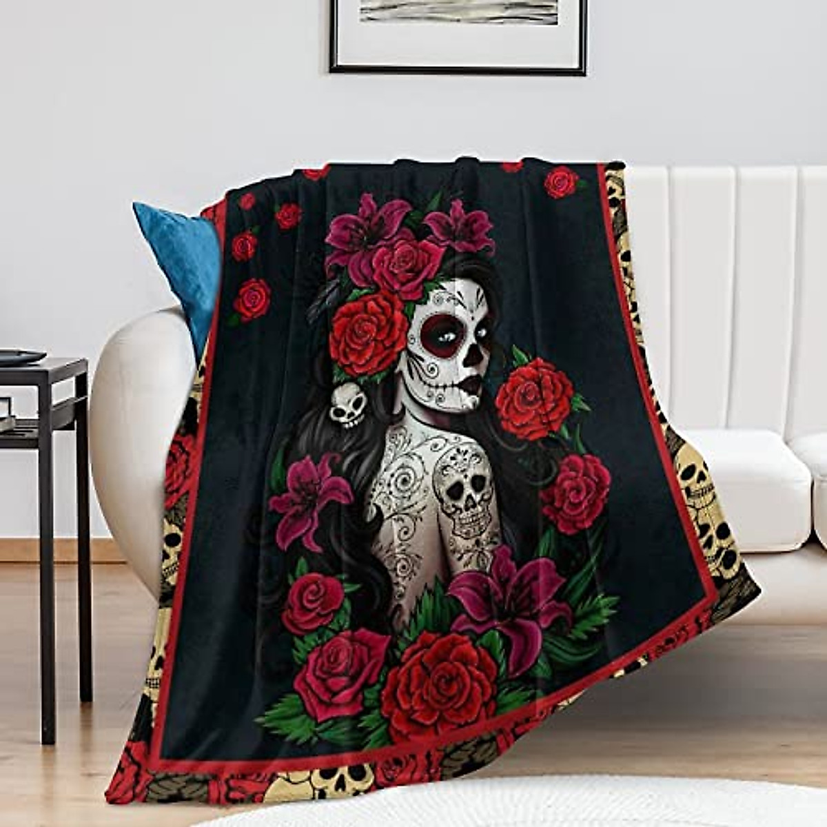 Day of The Dead Sugar Skull Blanket Rose Flowers Throw Fleece Blankets Rug Soft for Gift Bed Sofa 60"X50" Lightweight Flannel Blanket Bedding