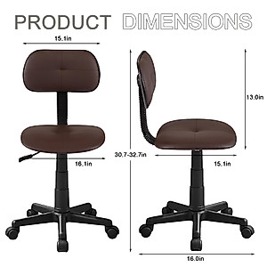 VECELO Small Armless Office Desk Chair with Wheels, Low-Back Height Adjustable Stools for Computer, 360° Swivel Rolling Task Chair, Coffee
