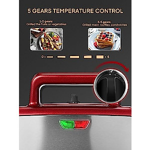FOHERE Waffle Maker 3 in 1 Sandwich Maker 1200W Panini Press With Removable Plates and 5-gear Temperature Control, Non-stick Coating Easy to Clean,Indicator Lights, Red