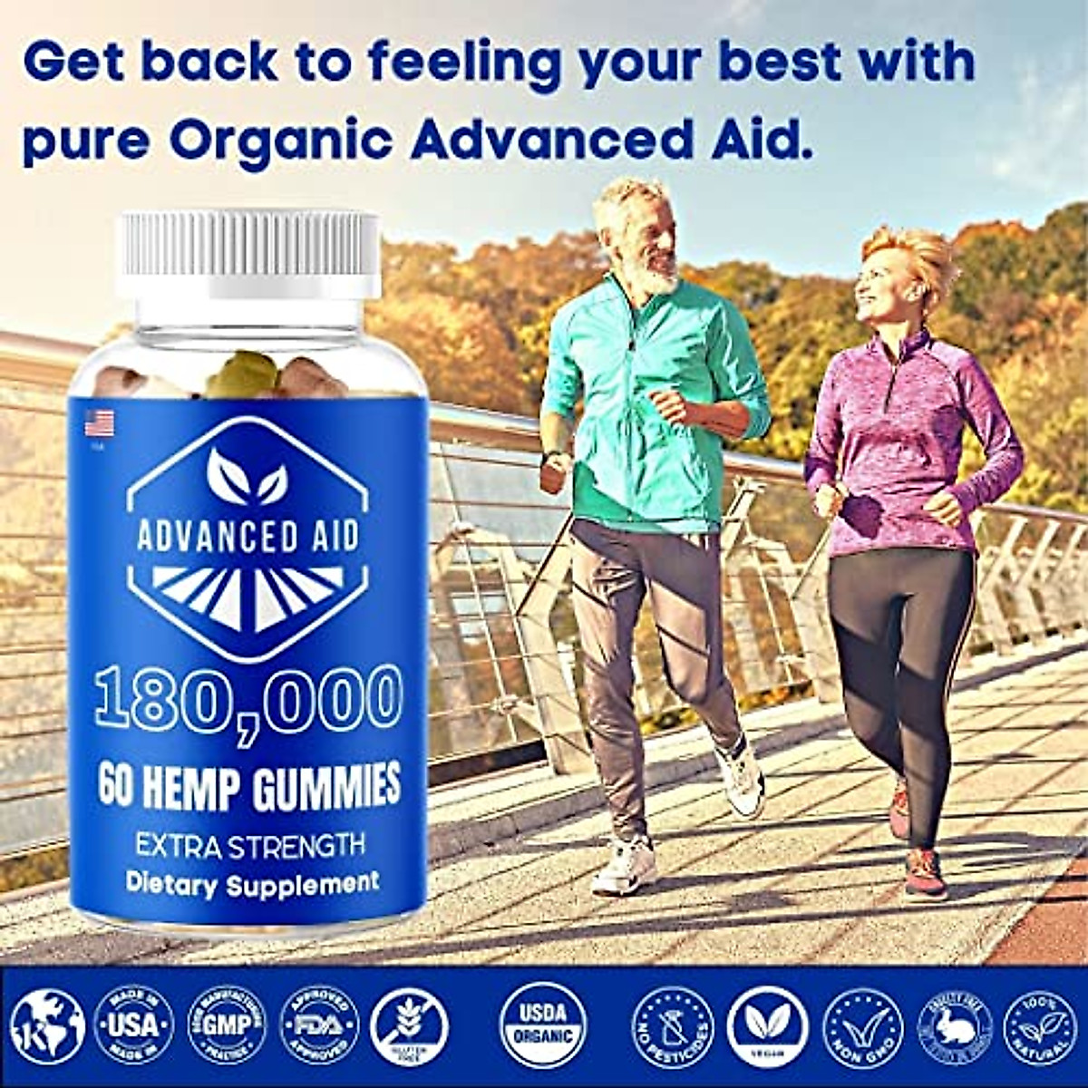 Advanced Aid: Certified Organic Natural Premium Formula Hemp Gummies 180,000mg - Big Gummies with Pure Hemp Oil - Made in The USA (60 Gummies) Read Description