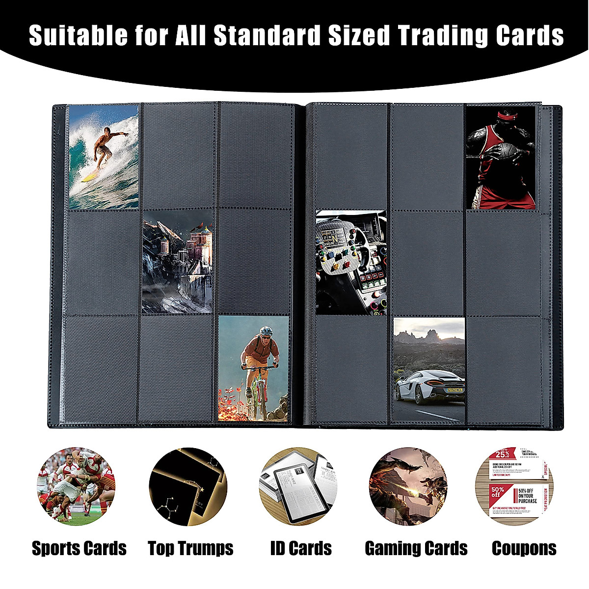9 Pockets Trading Card Binder, Card Collectors Album Folder Waterproof Double-Sided 360 Side Loading Pockets for Trading Cards/Sports Card/Game Cards OS0720BK