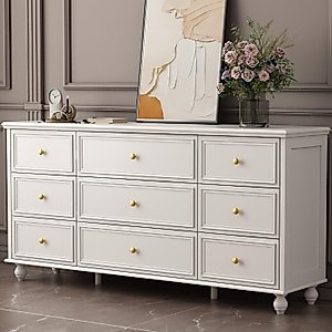 Hitow 9 Drawer Dresser for Bedroom, Modern Drawer with Wide Drawers and Wood Legs, Floor Storage Organizer Chest of Drawers for Living Room, White (15.7" D x 63" W x 31.5" H)