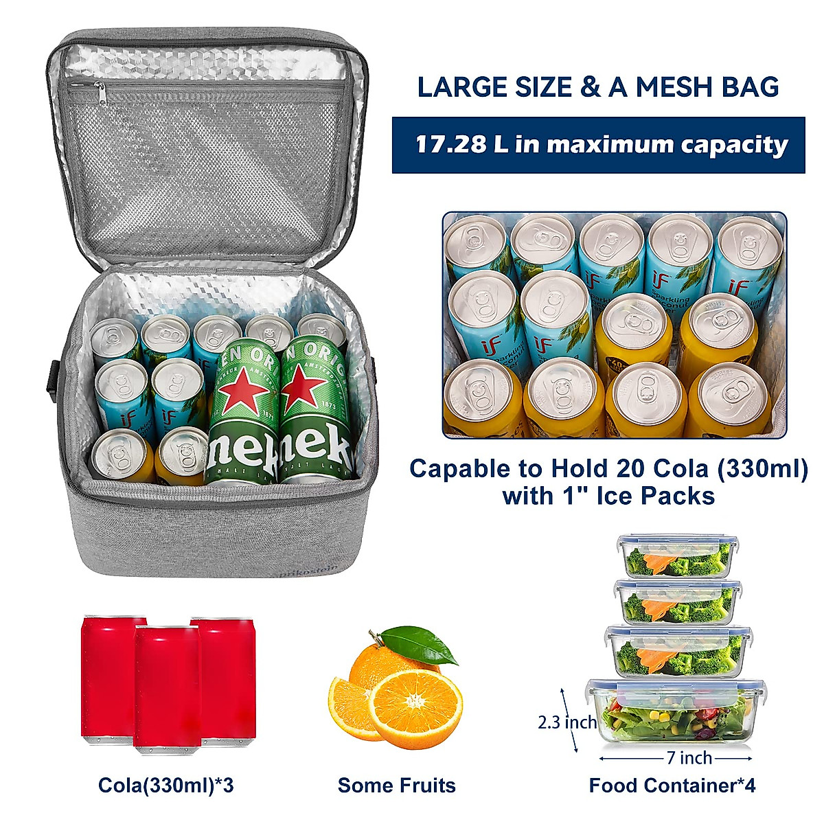 Aprikostein Small Cooler Asclassic, Soft Cooler Bags Insulated 17L 20 Can Portable Collapsible Cooler, Lunch Box Cooler for Men Work Beach Travel Camping, Gray