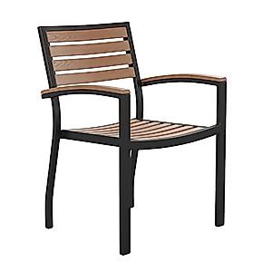 Flash Furniture Stackable Aluminum Patio Chair - All-Weather Black Framed Side Chair with Faux Teak Slats - Faux Teak Accented Arms - Commercial Grade - Set of 4