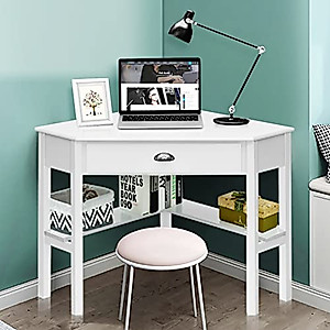 Tangkula White Corner Desk, Corner Computer Desk with Drawer for Small Space, Small Corner Makeup Vanity Desk, 90 Degrees Triangle Corner Desk with Storage Shelves