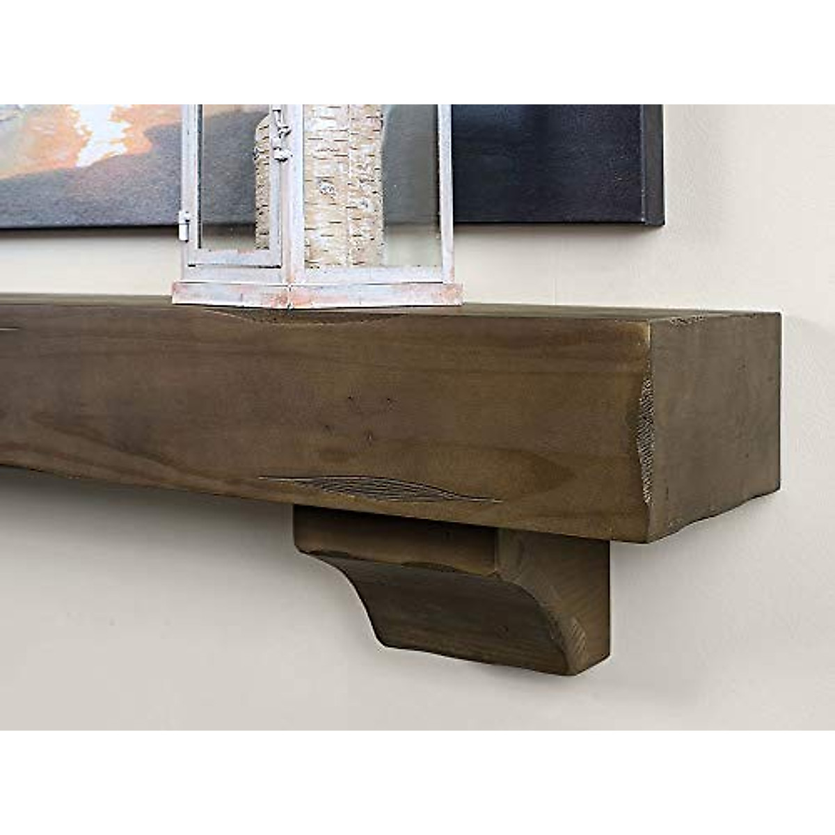 72 Inch Floating Fireplace Mantel Wood Shelf In Grey Rustic - Breckenridge From Mantels Direct | With Corbel Bracket Arches | Wooden Rustic Wall Shelf Perfect for Electric Fireplaces and Décor