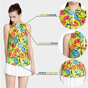 CQC Women's Sleeveless Golf Shirts Quick Dry Floral Athletic Polo with Collar Zip Up Lightweight Tennis Tank Tops Tropical Coquette M