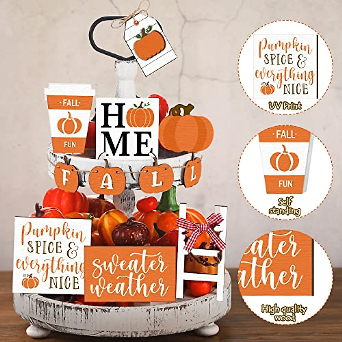 Two Tiered Tray with 11 Pcs Wooden Signs, Farmhouse Tiered Tray Decor Set Rustic Wood Home Kitchen Table Stand Decor Decorative Table Shelf Centerpiece(Autumn Style)
