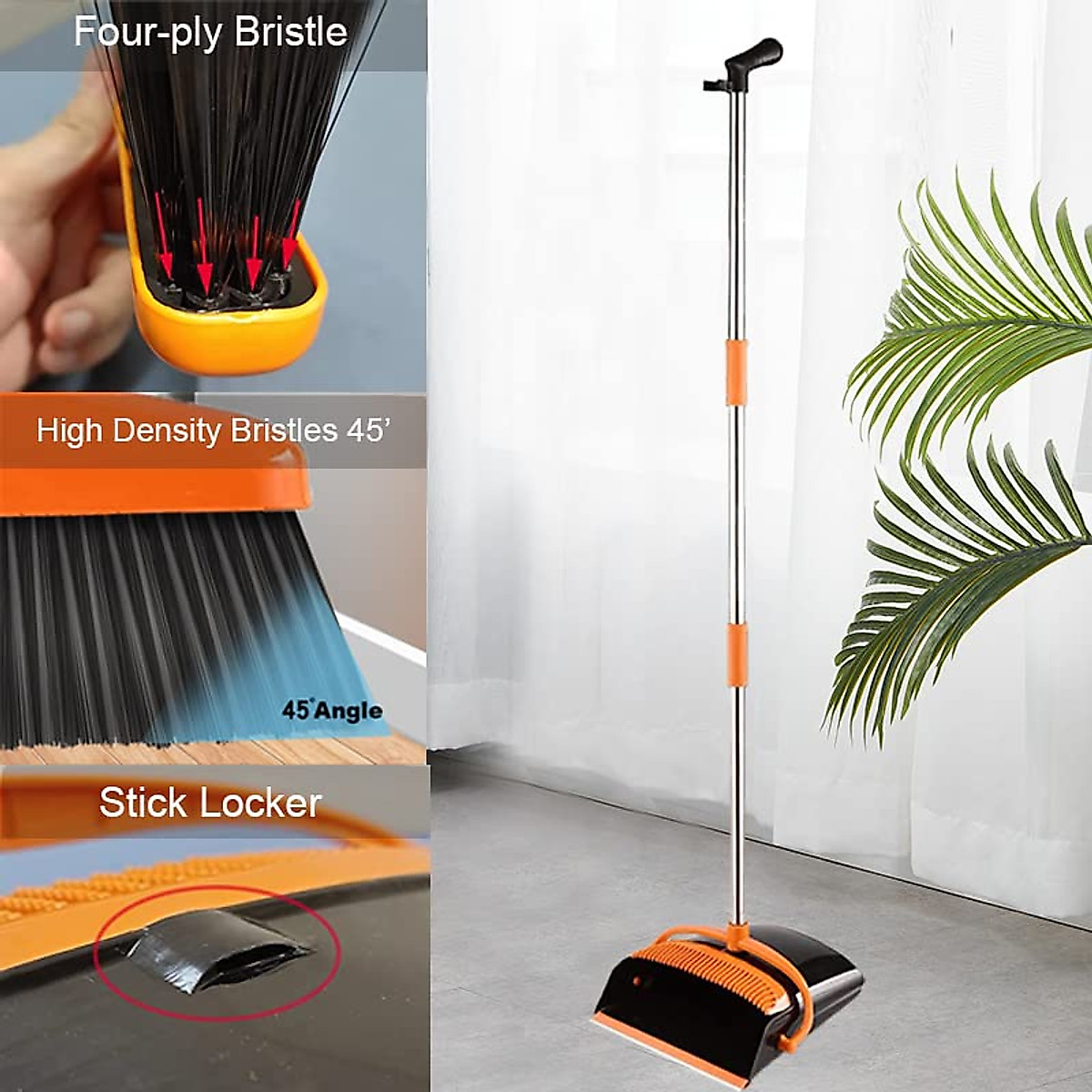 Broom and Dustpan Set - Upright Dustpan and Broom Combo Set - Self Cleaning with Dustpan Teeth Standing Dust Pan for Home Kitchen Easy Assembly, Orange