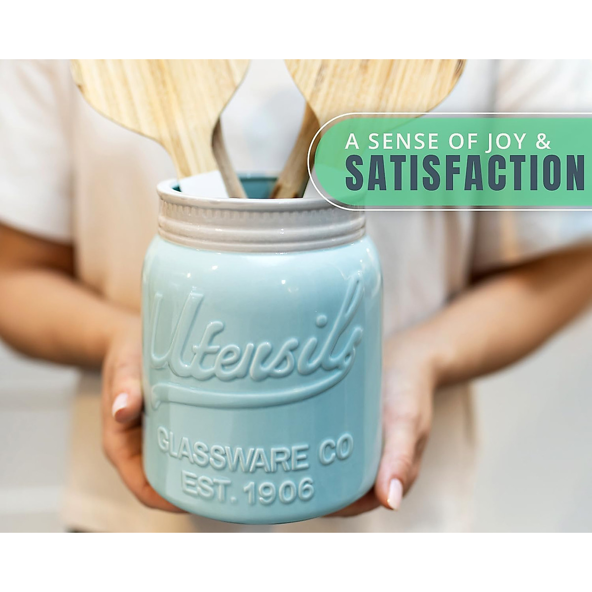 Ceramic Mason Jar Cutlery Holder - Set of 3 - Farmhouse Silverware Caddy for Kitchen Countretop - Decorative Spoon, Fork & Knife Holder for Parties & More - Rustic Caddy made of Premium Ceramic