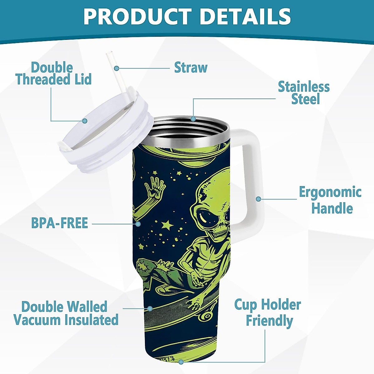 Nesatuwa 40 oz Cute Aliens Tumbler with Handle and Straw Lid,Reusable Stainless Steel Vacuum Insulated Tumbler Leakproof Travel Coffee Mug for Iced and Hot Beverages