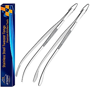 JETKONG 2 Pcs 12'' Curved Kitchen Tweezers Stainless Steel Long Tweezer Tongs Professional Chef Tweezers for Cooking, Grilling and BBQ (Silver)