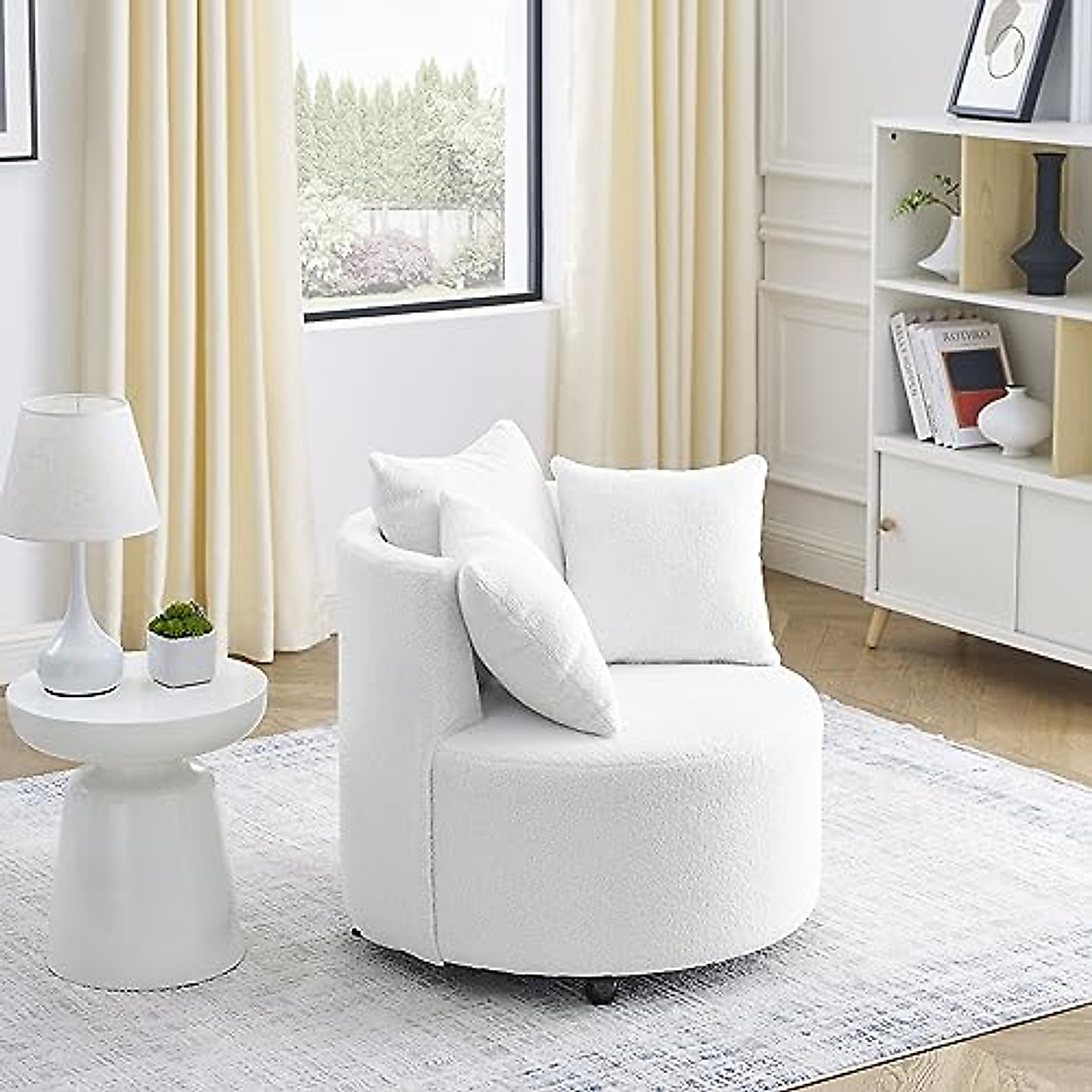KEVINSPACE 30'' Small Swivel Barrel Chair, Comfy Round Club Chairs for Living Room Bedroom, Swivel Single Sofa with 4 Universal Caster Wheels Lounge Accent Chair Boucle Armchair White