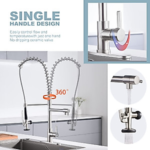 Commercial Kitchen Faucet with Pre-Rinse Sprayer, WOWOW Solid Brass Commercial Restaurant Faucet 1 or 3 Hole Spring Kitchen Faucet with Deck Plate, Brushed Nickel