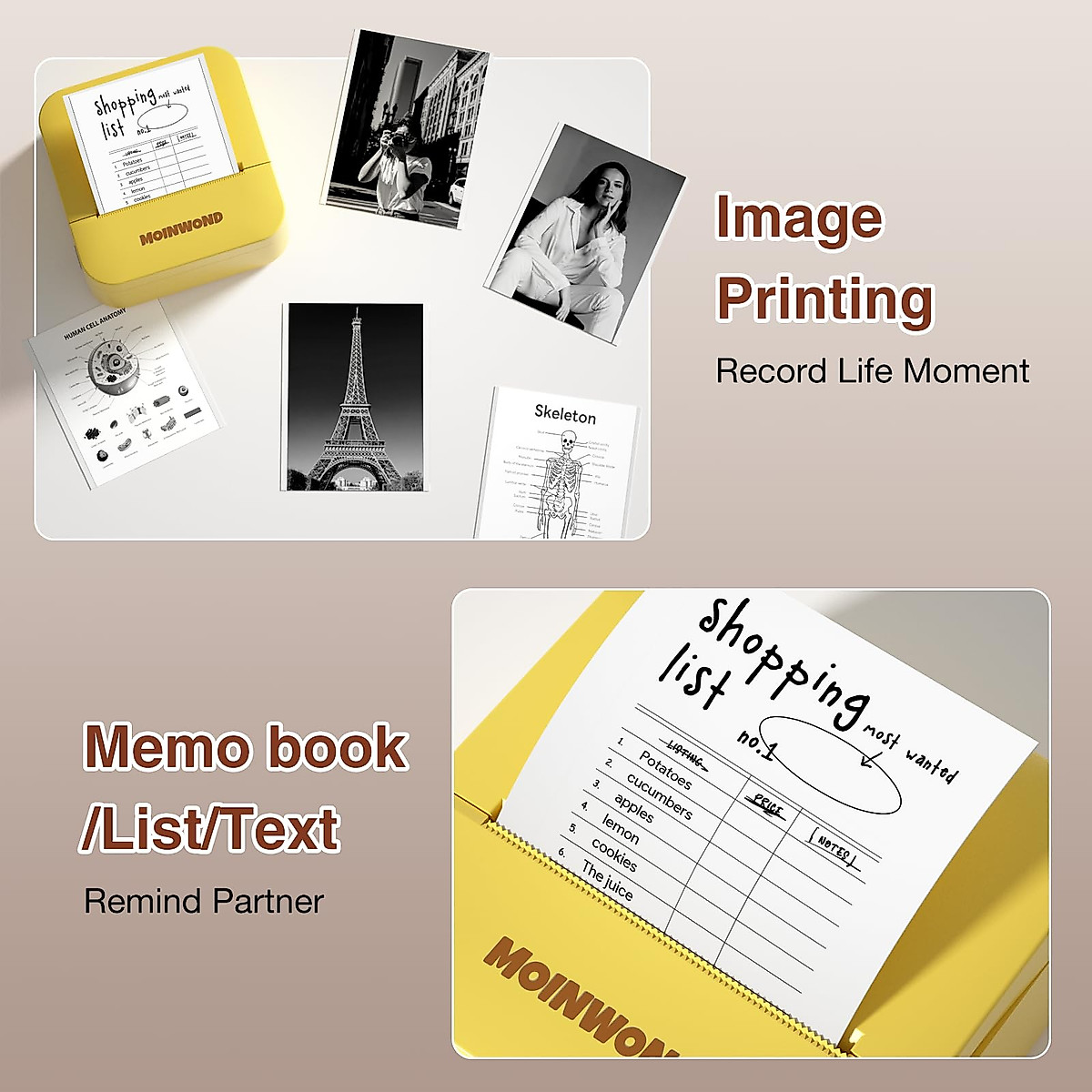 MOINWOND Sticker Printer Mini Portable Thermal Printer Sticker Maker Machine,Bluetooth Inkless Pocket Printer Rechagreable for DYI Journal,Notes,Memo,Photo with Thermal Paper,Yellow D1
