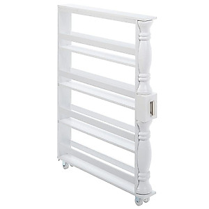 The Lakeside Collection Slim 4 Tier White Wooden Storage Rack Cart on Wheels for Small Spaces, Kitchen, Bathroom Laundry Room Organization