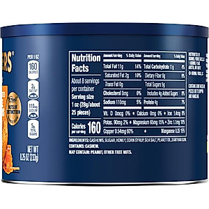 PLANTERS Deluxe Honey Roasted Whole Cashews, Sweet and Salty Snacks, 8.25oz (1 Canister)